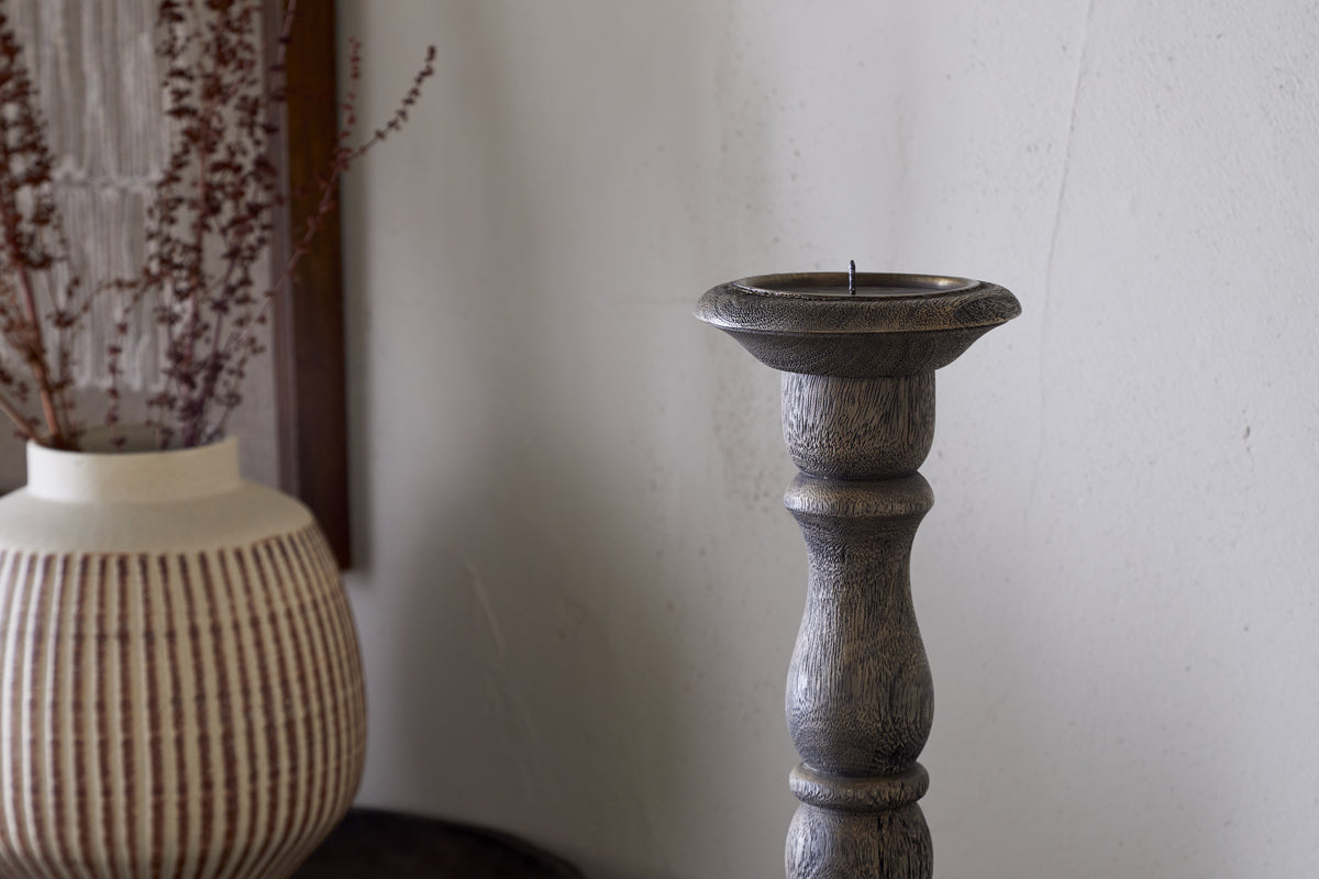 Nayati Rustic Wood Pillar Candle Stick - Dark Stain - nkuku